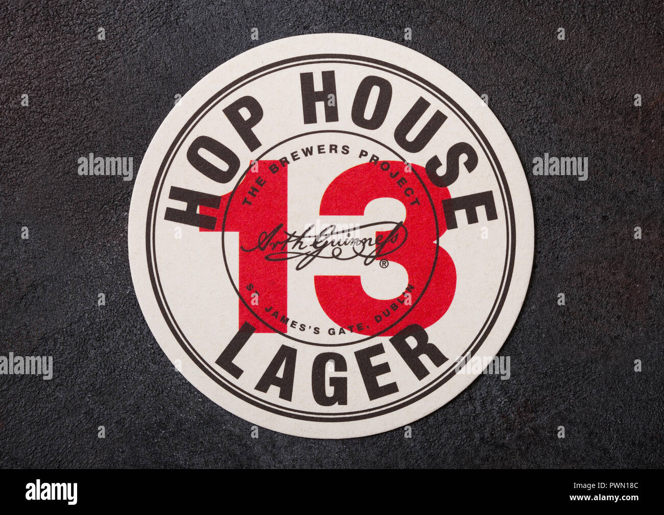 LONDON, UK - AUGUST 22, 2018: 13 Hop House Lager paper beer beermat ...