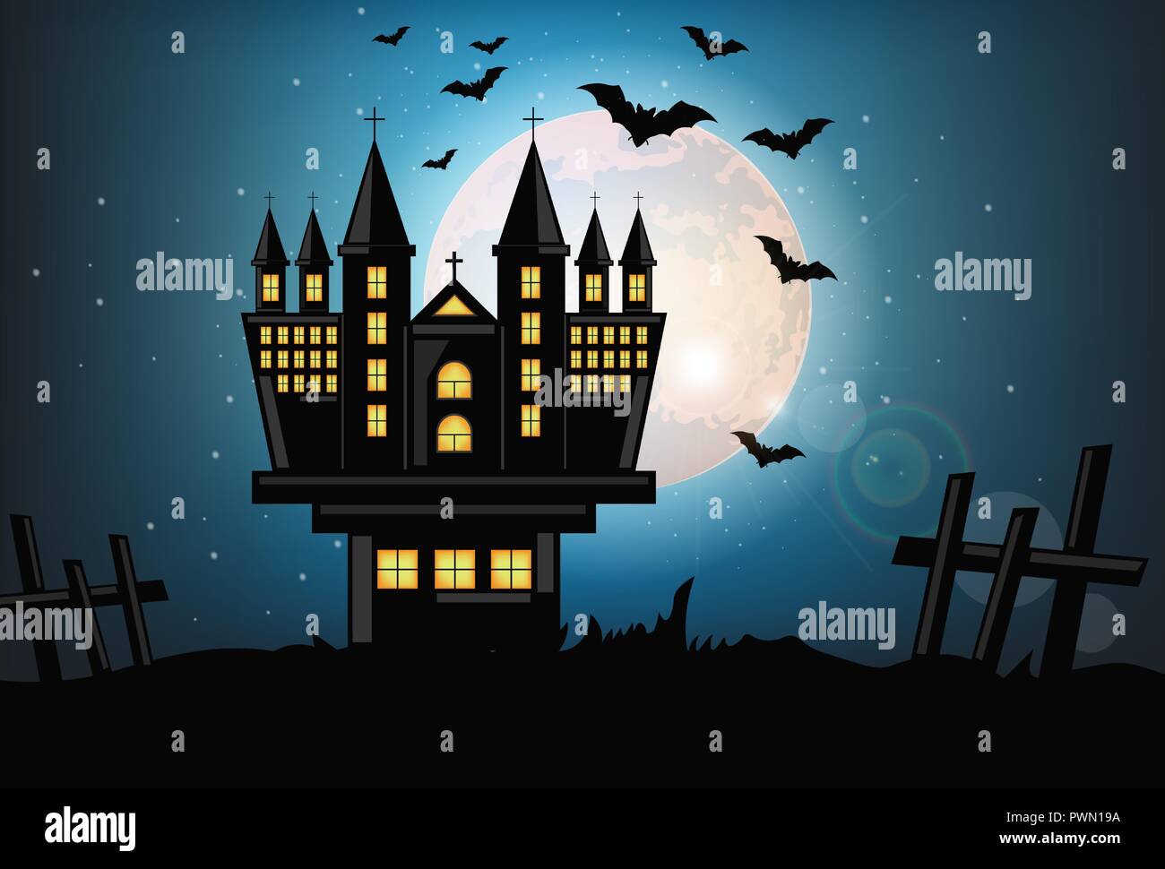 Haunted castle halloween card background Vector. Full moon dark night ...