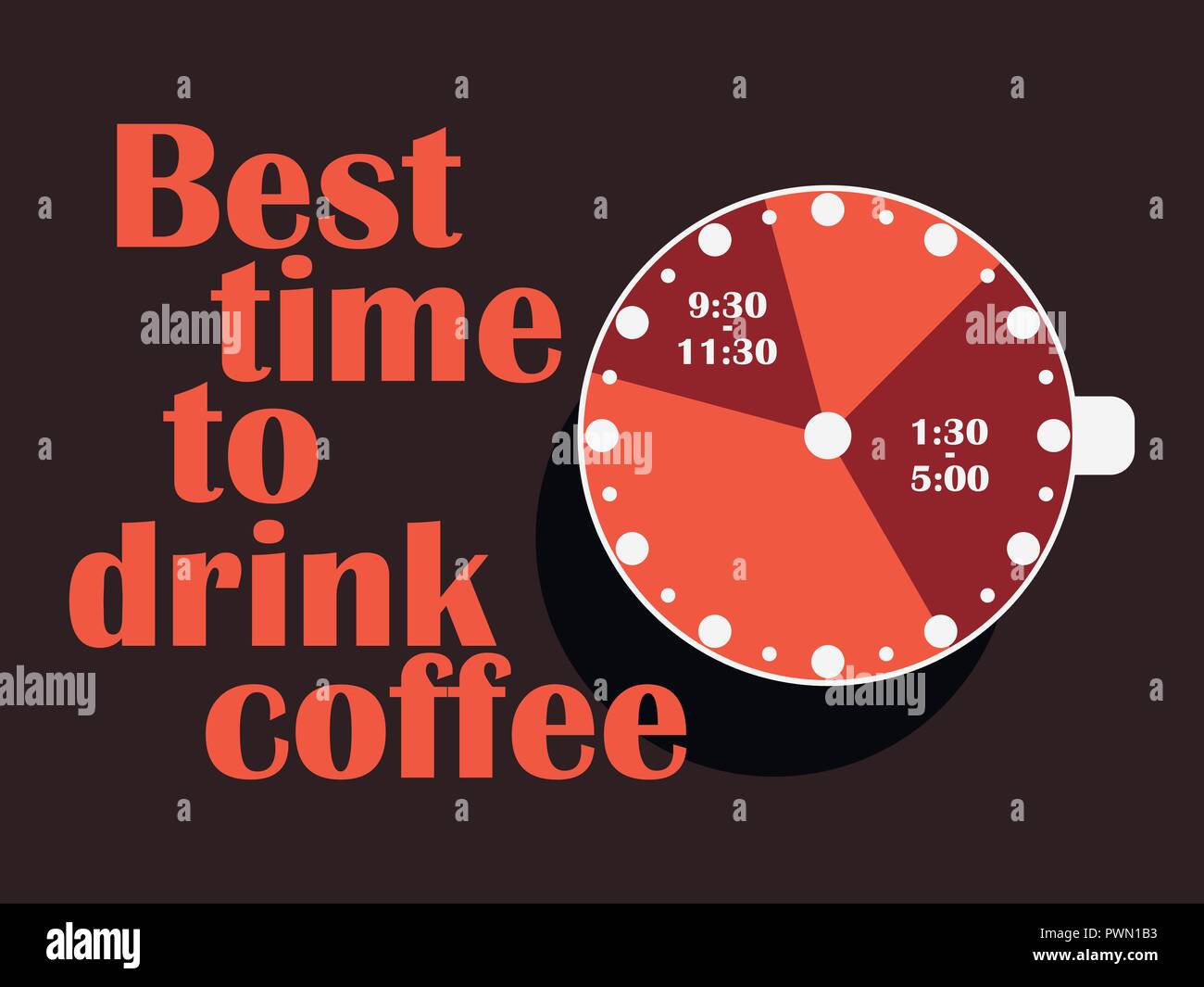 Best time to drink coffee. Cup of coffee with a clock, top view. Flat ...
