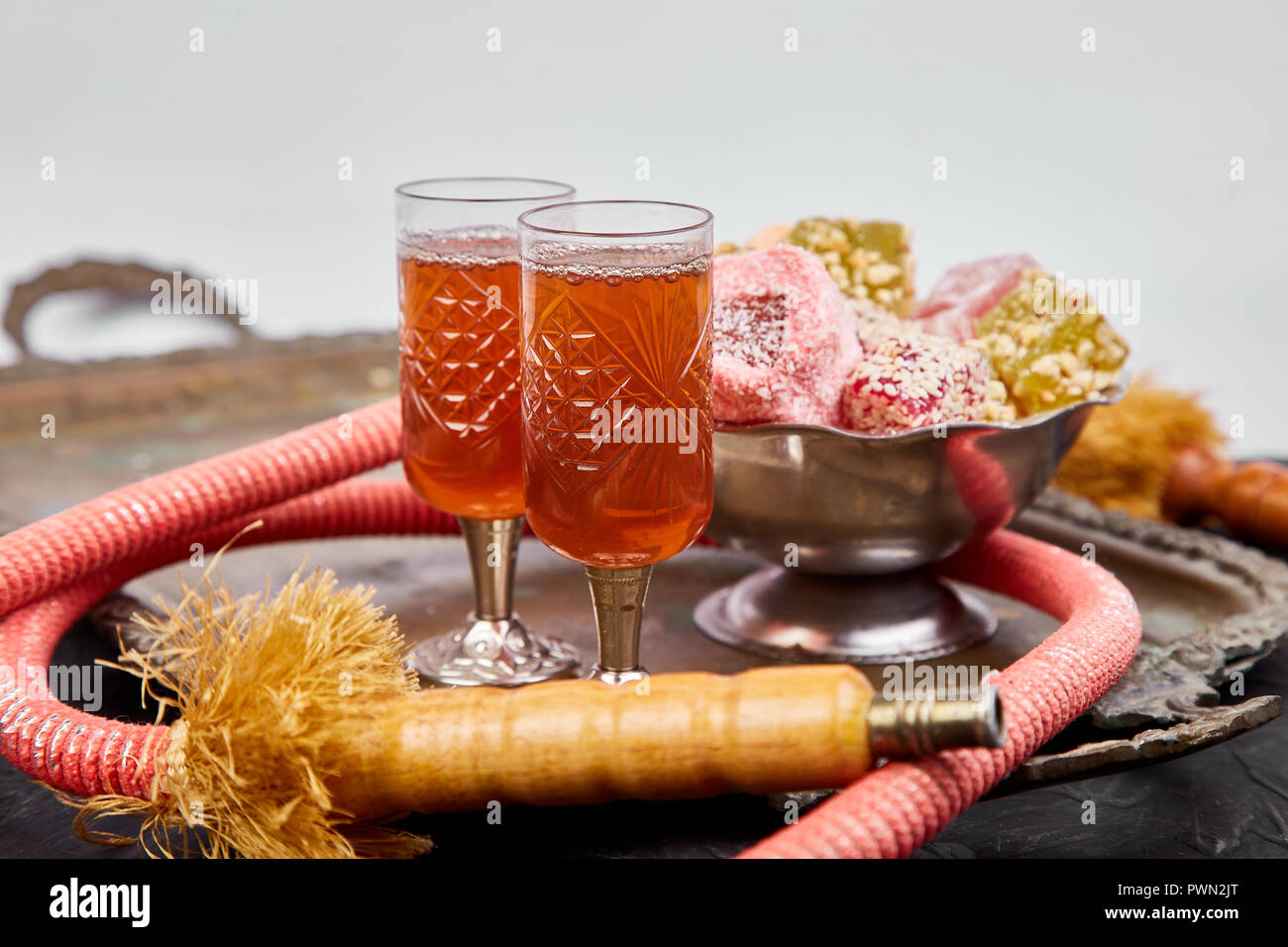 Set of various Turkish delight in traditional silver bowl on metal tray ...