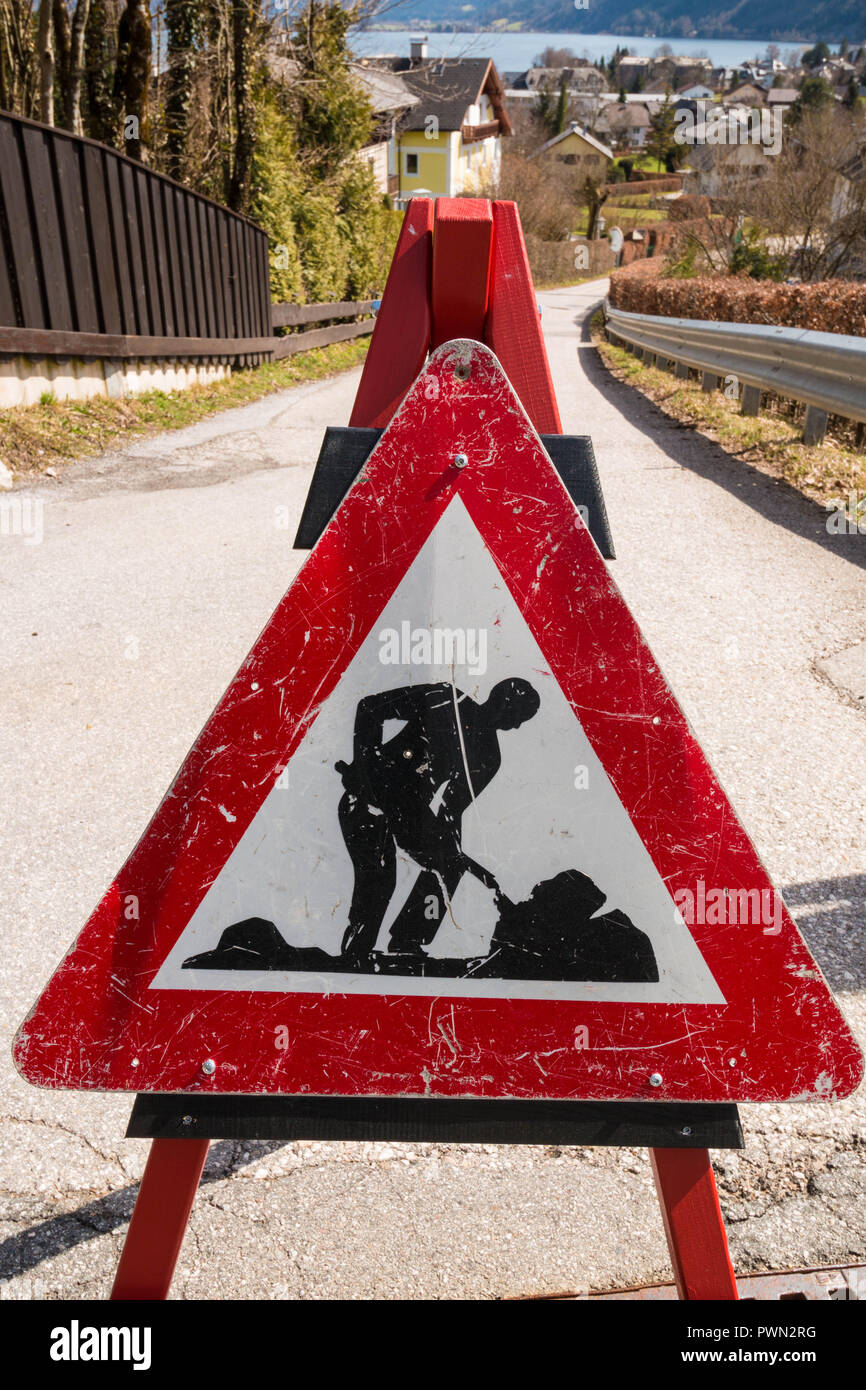 Traffic warning sign Road construction works on a street of austrian ...