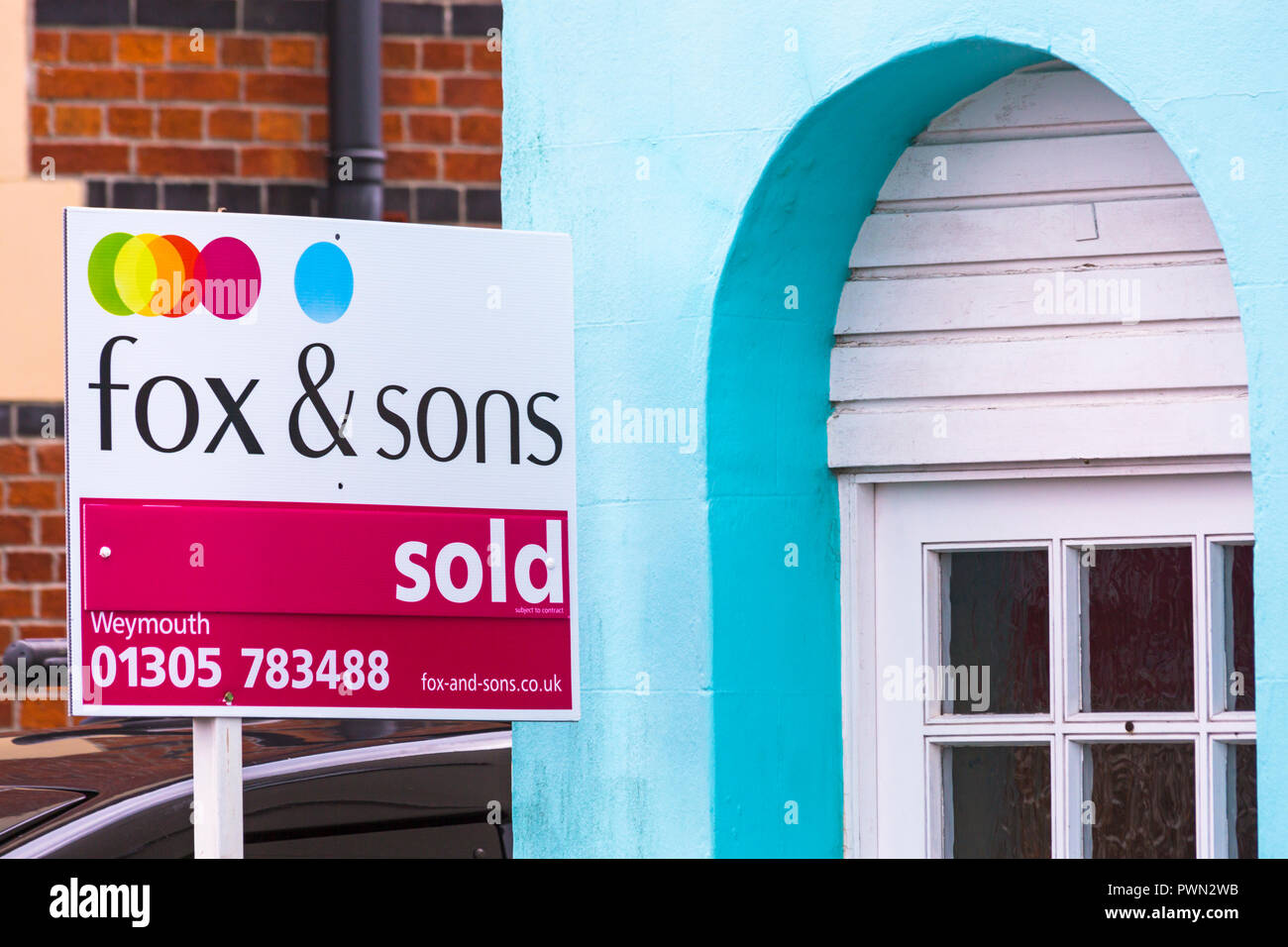 Fox & Sons sold sign outside house at Weymouth, Dorset UK in October ...
