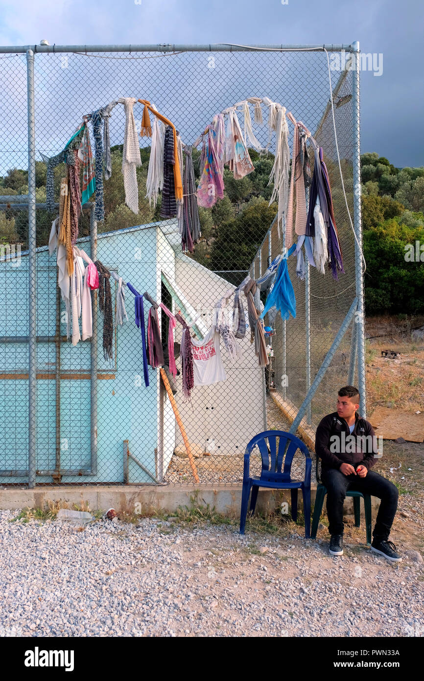 Refugees in front of the first station of the camp MORIA CAMP for ...