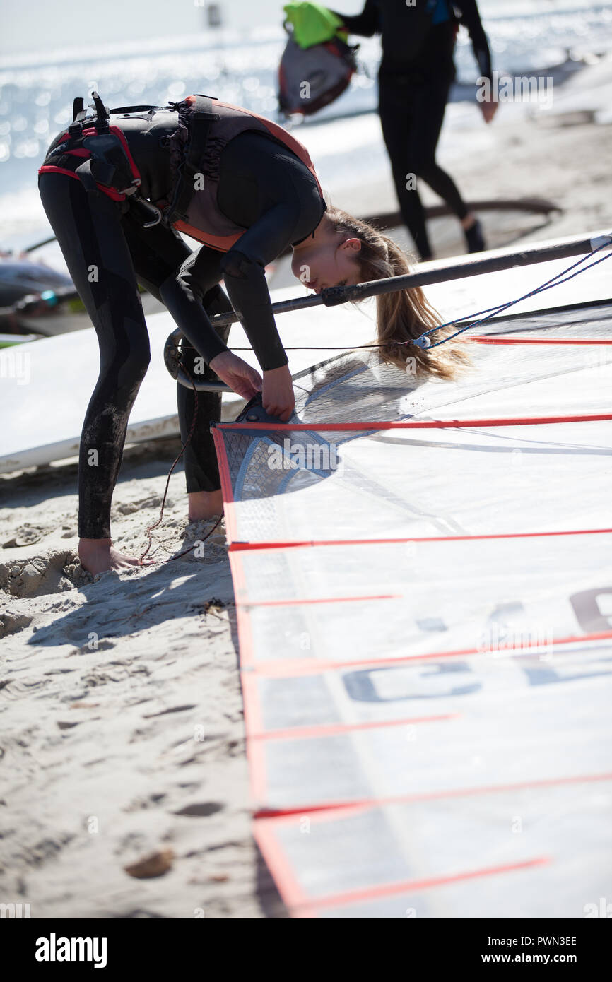 wind surfers getting ready for a race Stock Photo - Alamy
