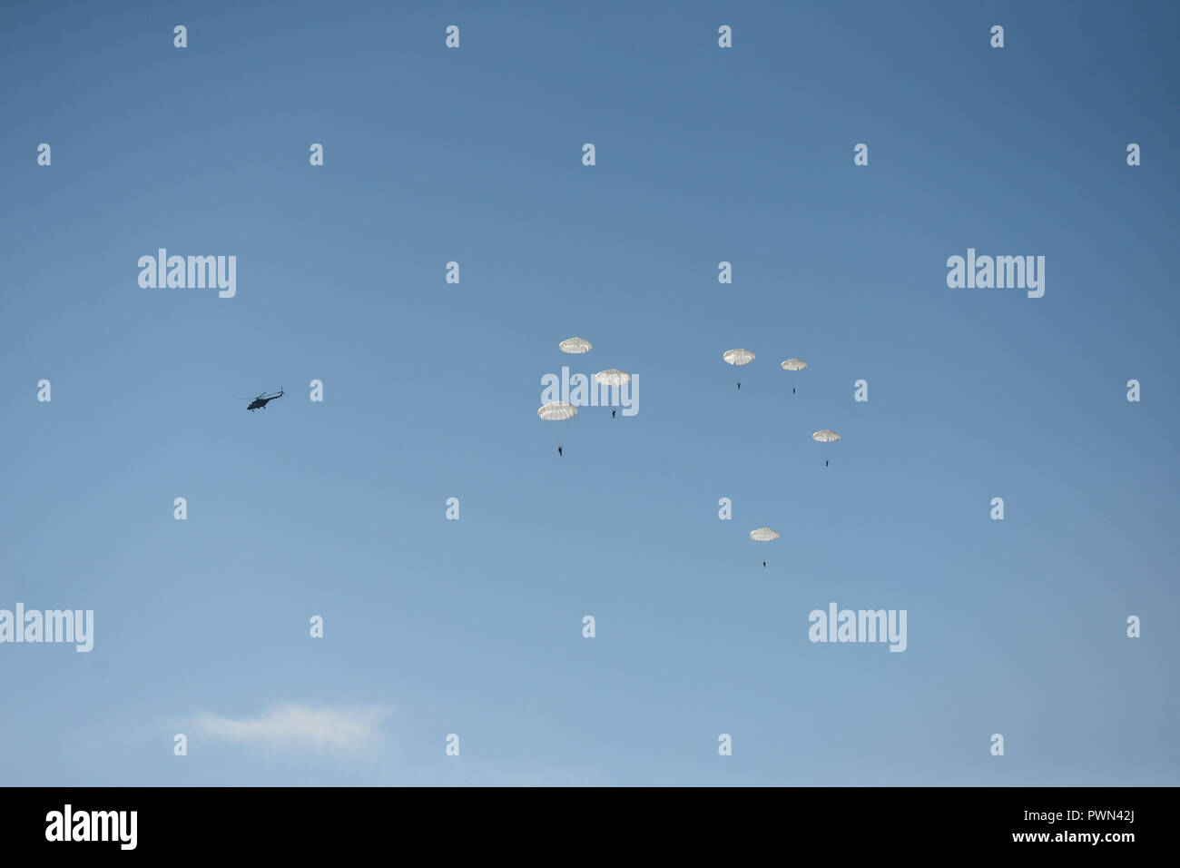 plane and jump from it parachutists in the sky Stock Photo - Alamy