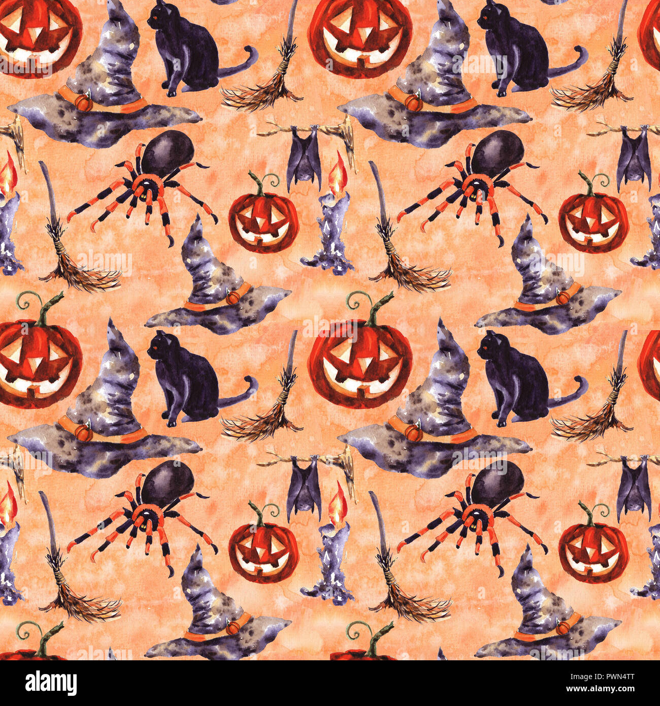 Halloween seamless pattern holiday symbol. Hand drawn watercolor ...