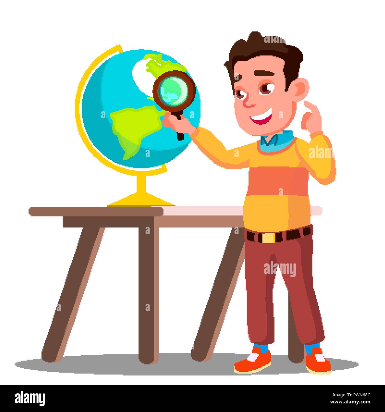 Student Looking Through A Magnifying Glass Globe, Geography Lesson ...