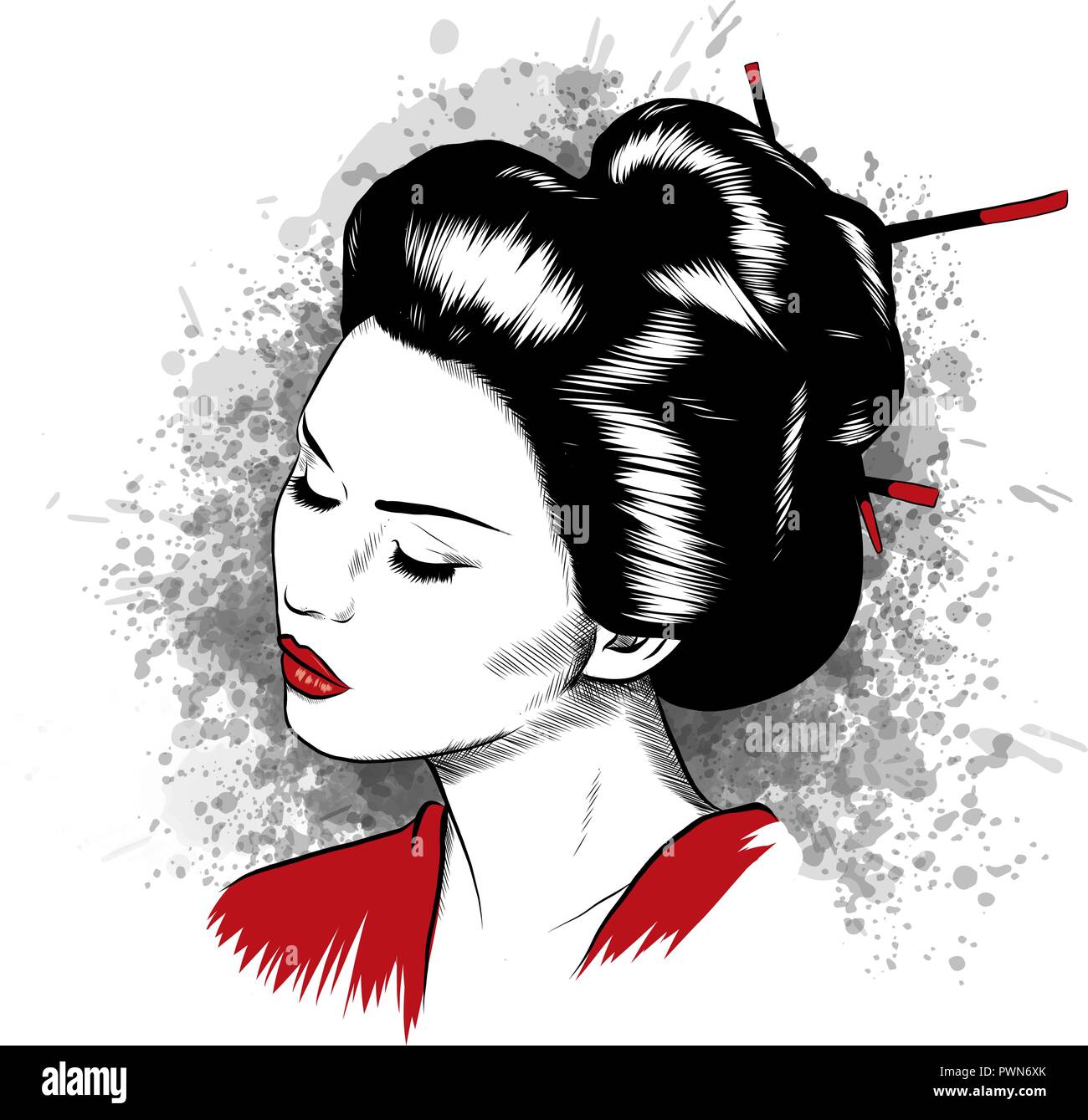 Beautiful Japanese Geisha Holds Red Fan Vector Illustration Stock ...