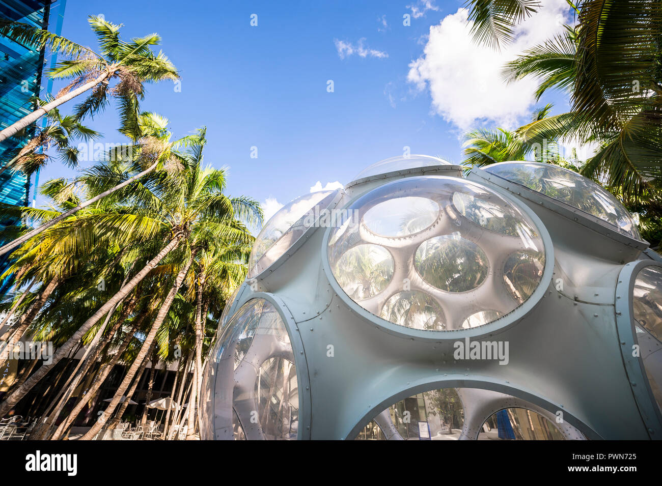 MIAMI - CIRCA SEPTEMBER, 2018: Palm trees surround a modern re-creation ...