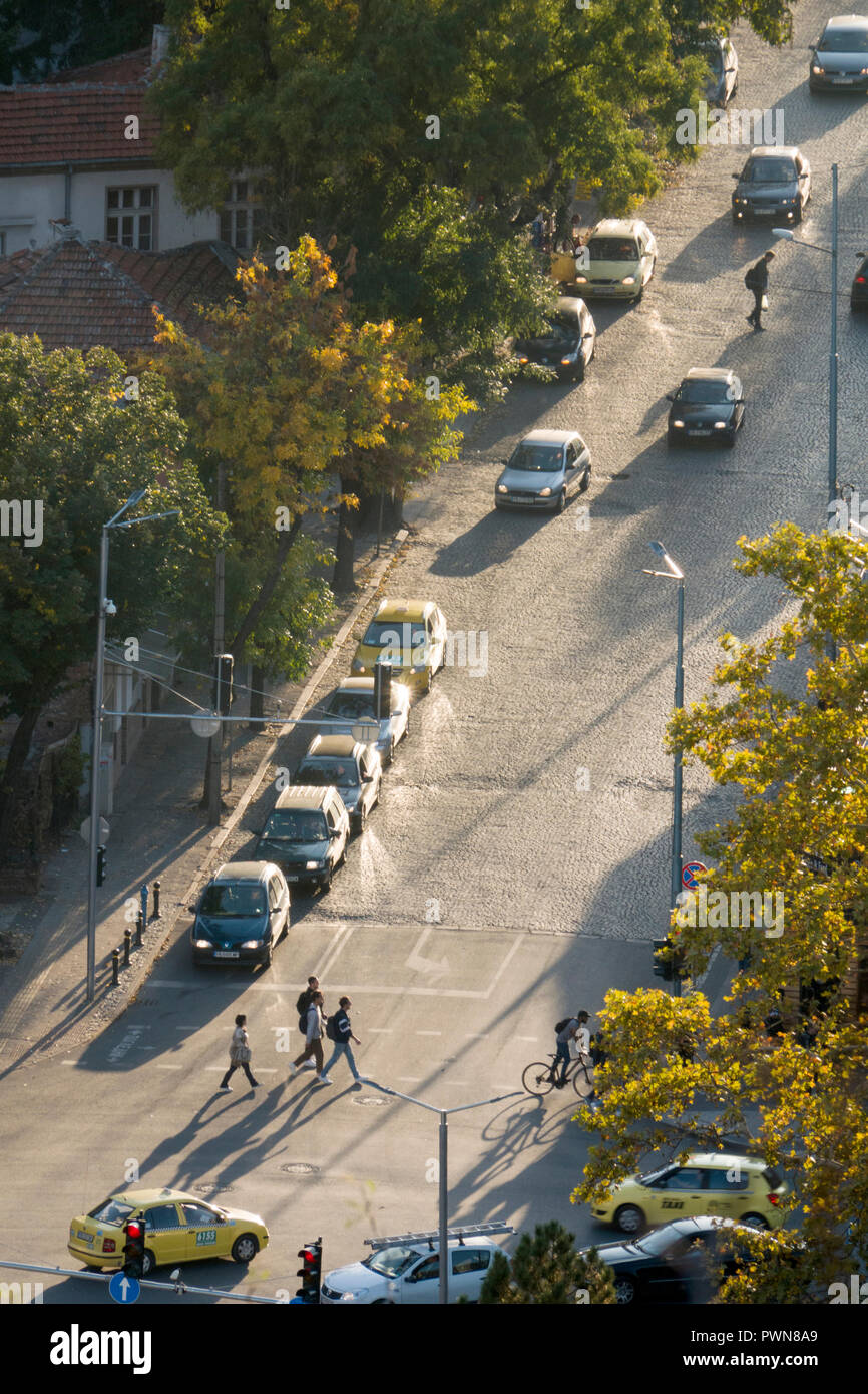 Autumn leaf fall in tree lined street of Plovdiv, Bulgaria Stock Photo ...