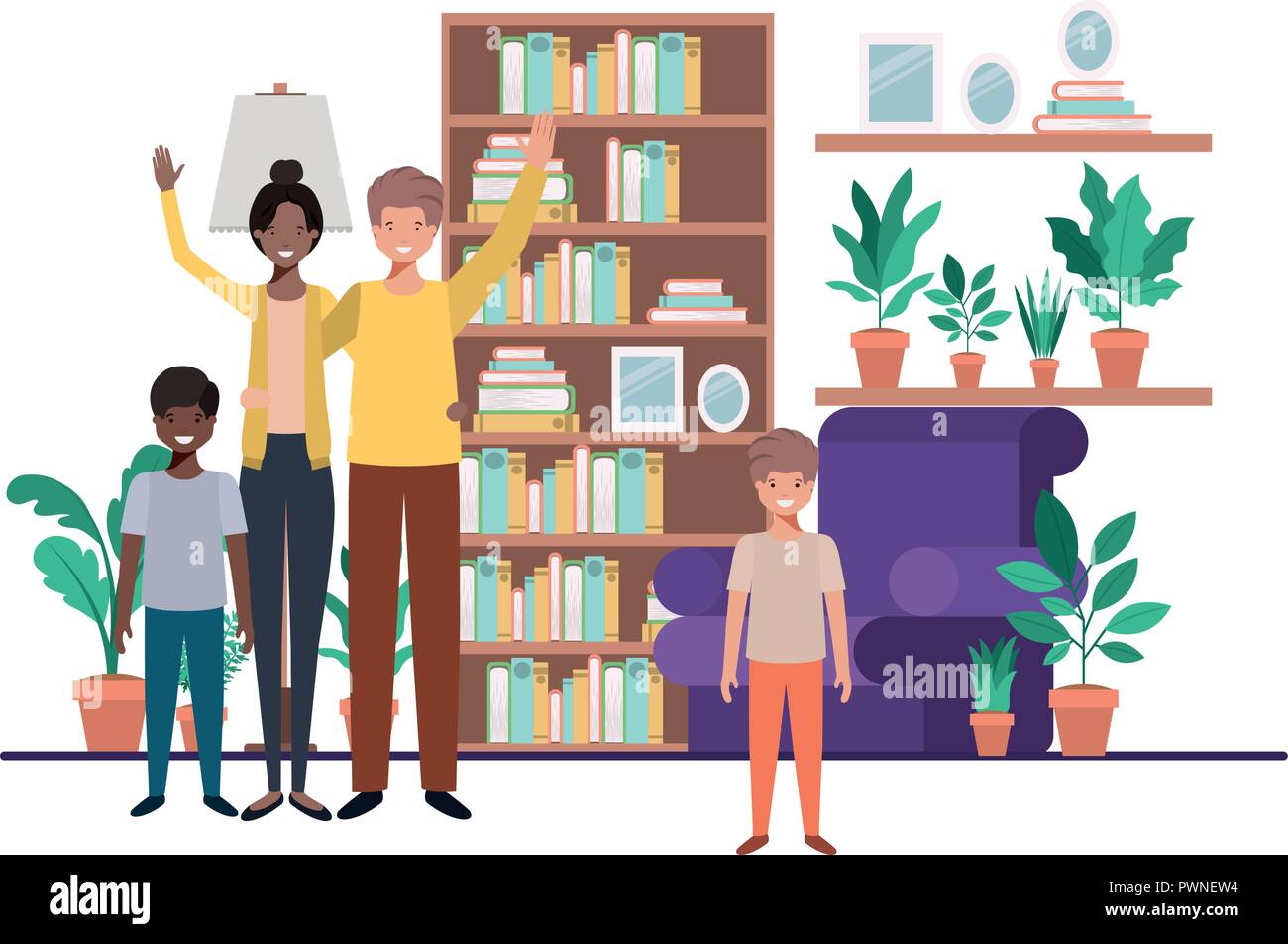 family in living room with library avatar character Stock Vector Image ...