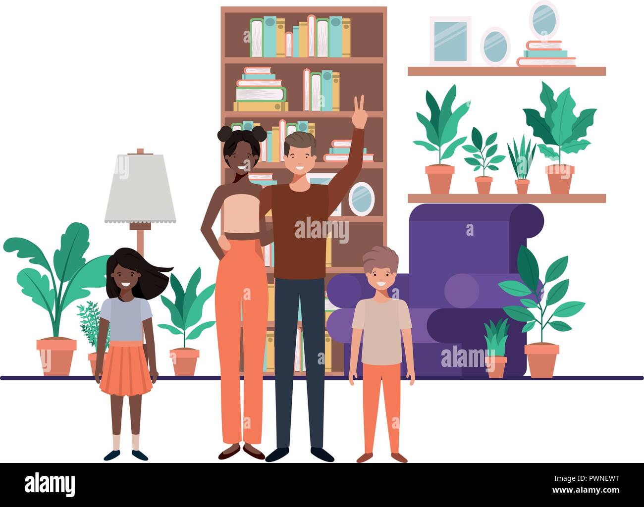 family in living room with library avatar character Stock Vector Image ...