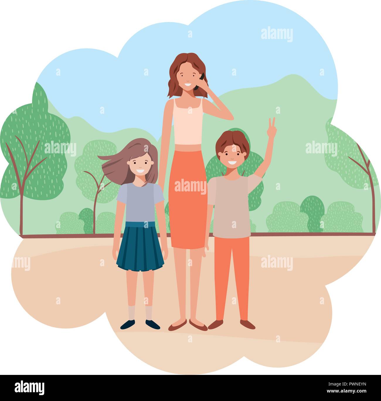 mom with children in landscape avatar character Stock Vector Image ...