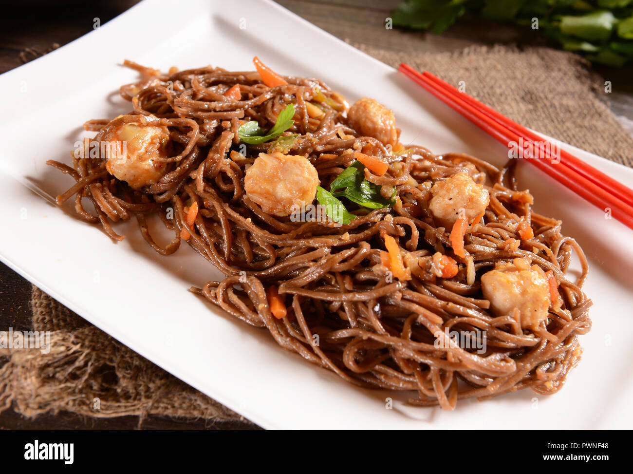 Japan saba noodles with chicken and vegetables Stock Photo - Alamy