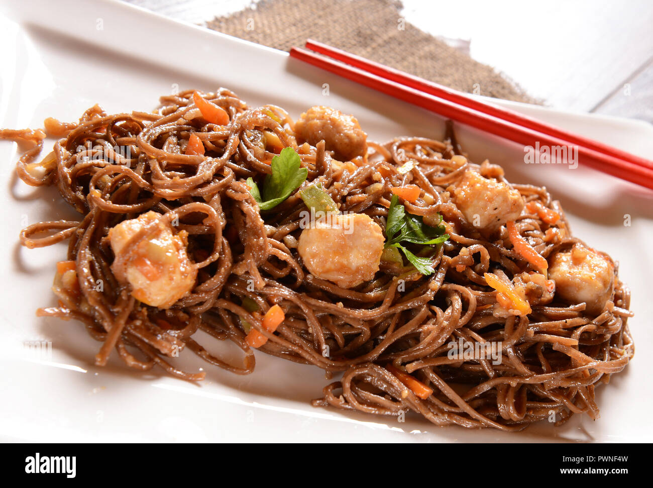 Japan saba noodles with chicken and vegetables Stock Photo - Alamy
