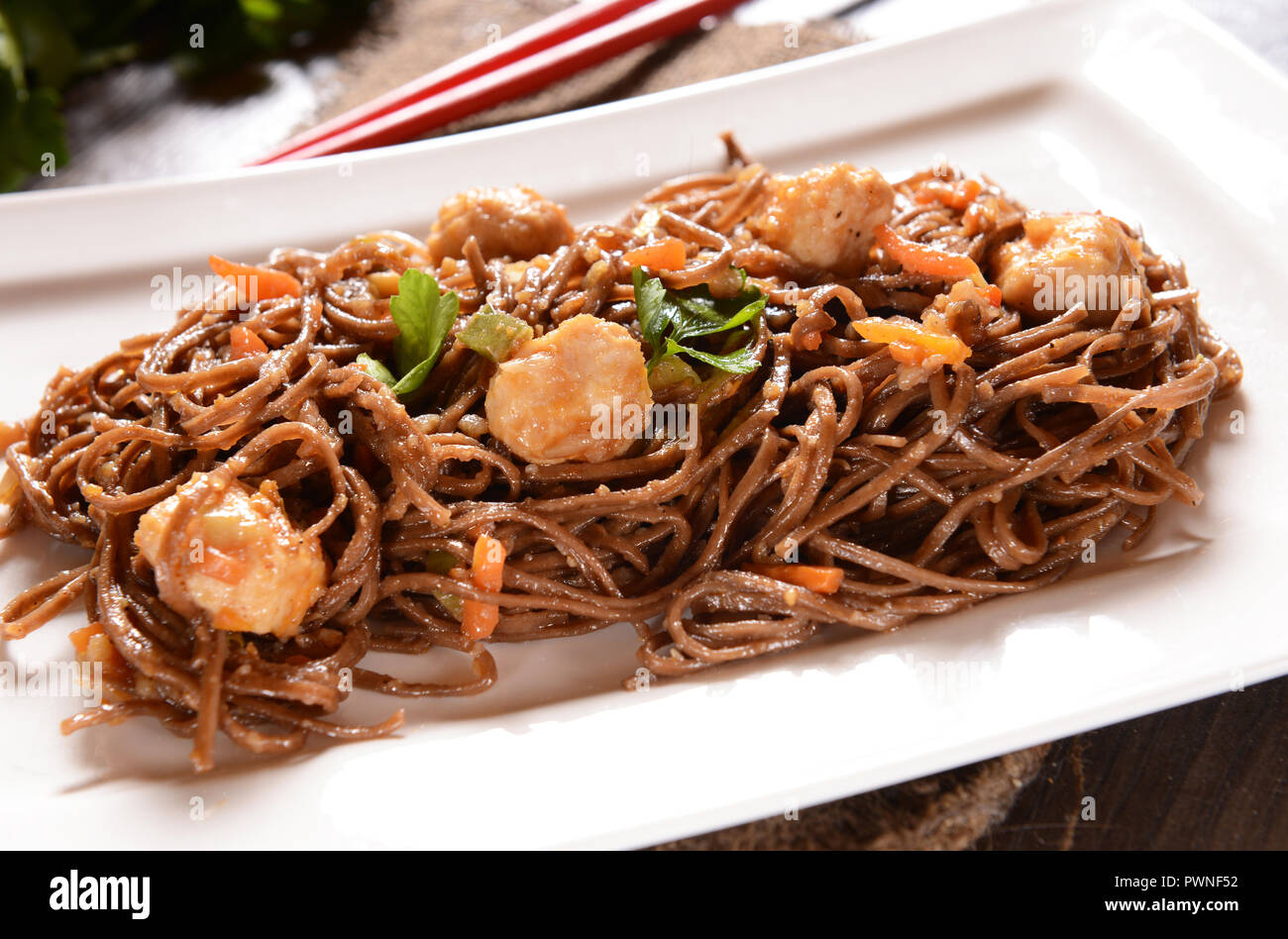 Japan saba noodles with chicken and vegetables Stock Photo - Alamy