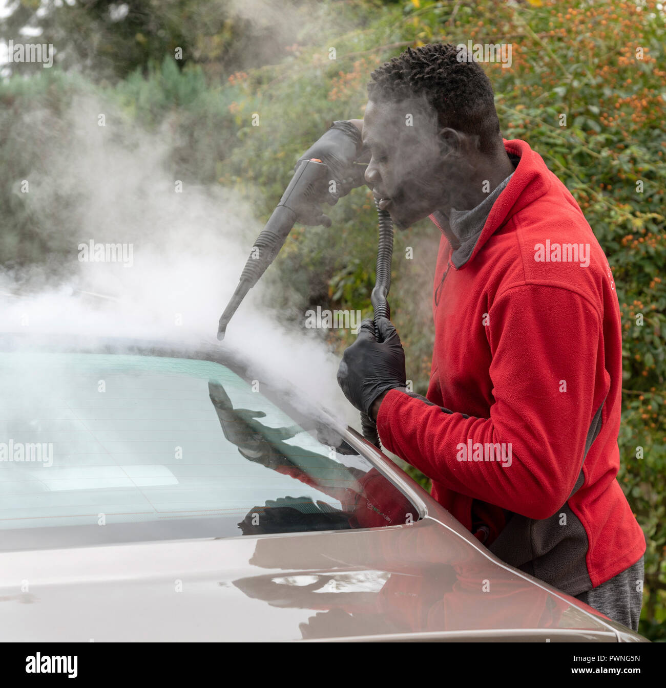 Man steam cleaning a luxury car on a home visiting valet service ...