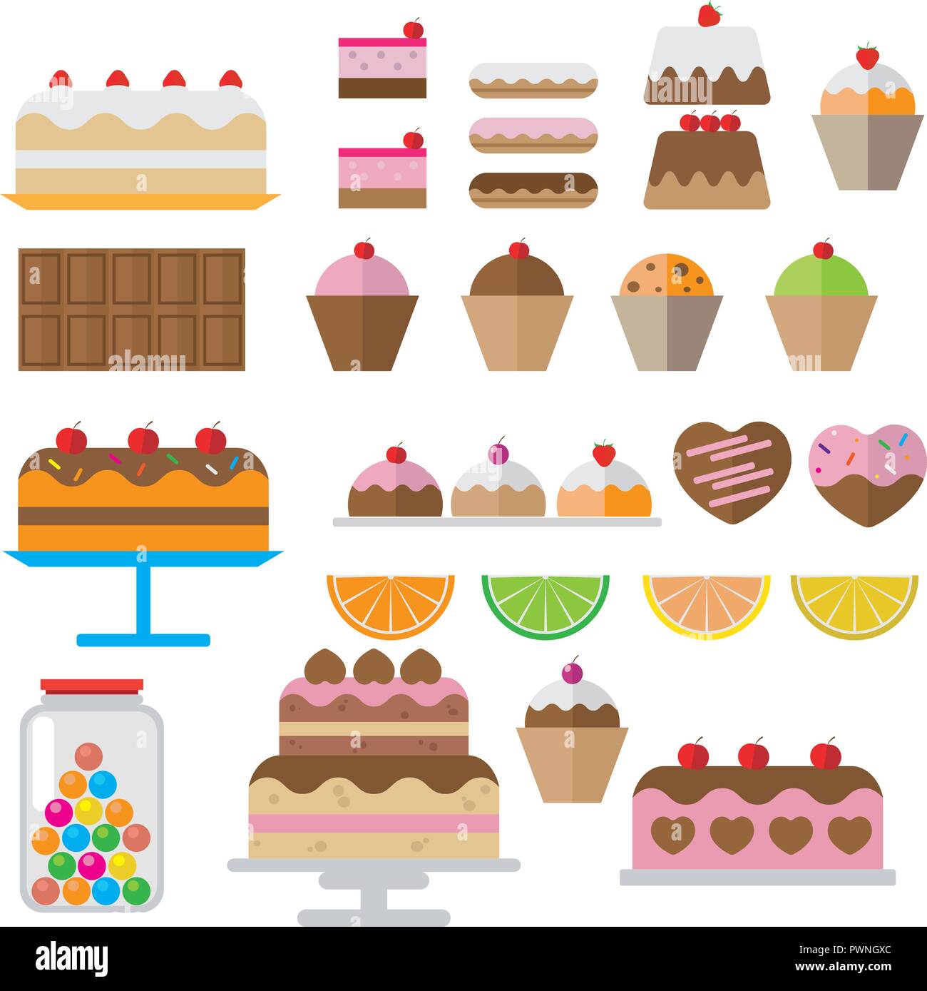 Set of confectionery products: cakes, chocolate, marmalade ...