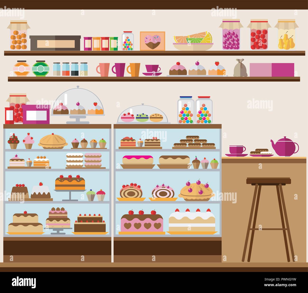 Pastry shop, cafe with lots of delicious sweets. Interior vector ...