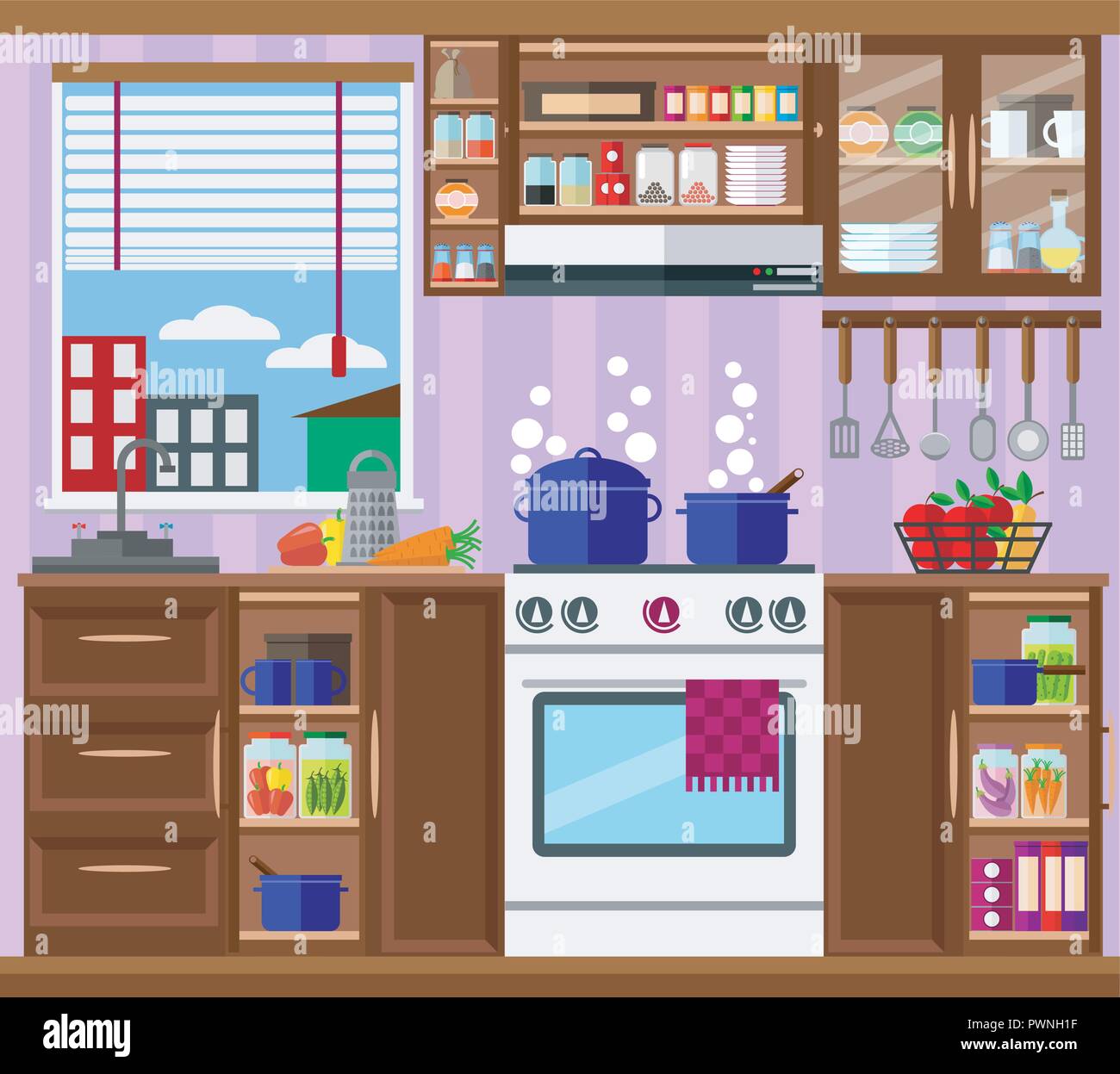 The interior of a cozy home kitchen with lockers, sink, stove and ...