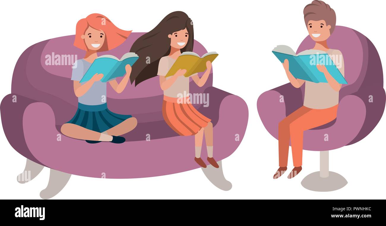 group of people sitting in sofa with book avatar character Stock Vector ...