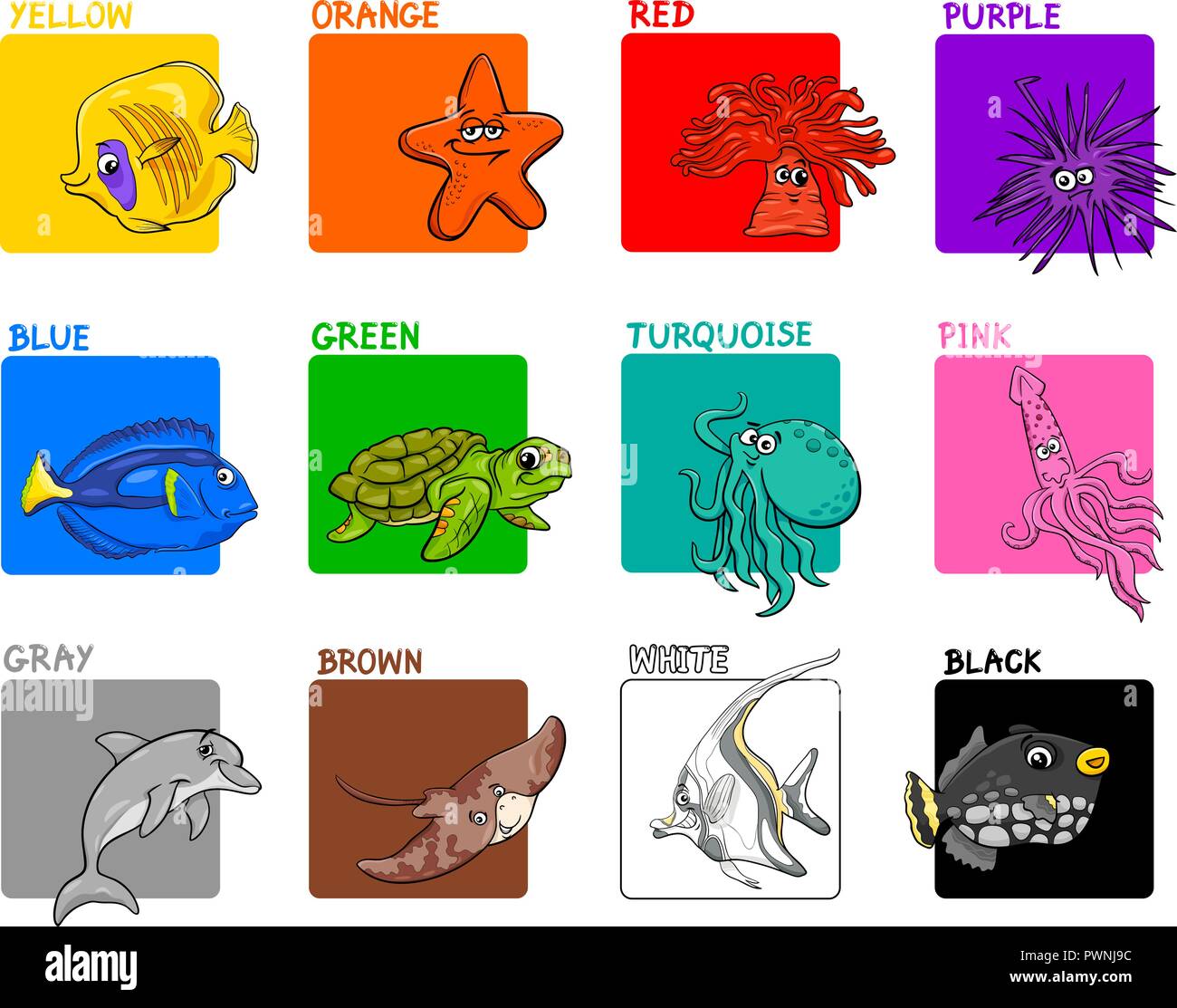Cartoon Illustration of Basic Colors with Sea Life Animal Characters ...