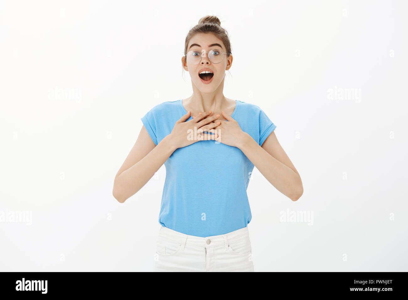 Girl cannot believe incredible things happening with her. Portrait of ...