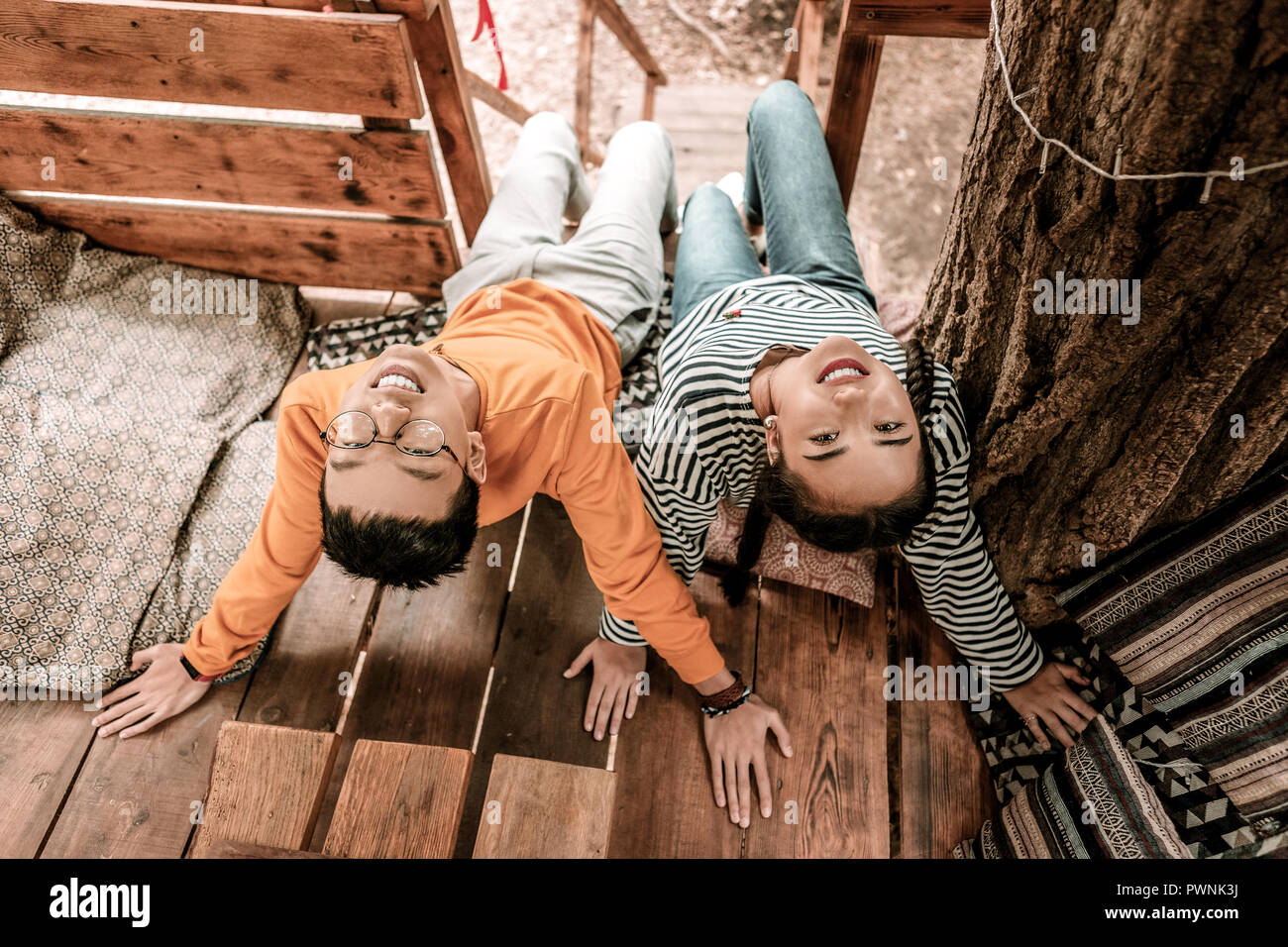 Top view of happy people that posing on camera Stock Photo - Alamy