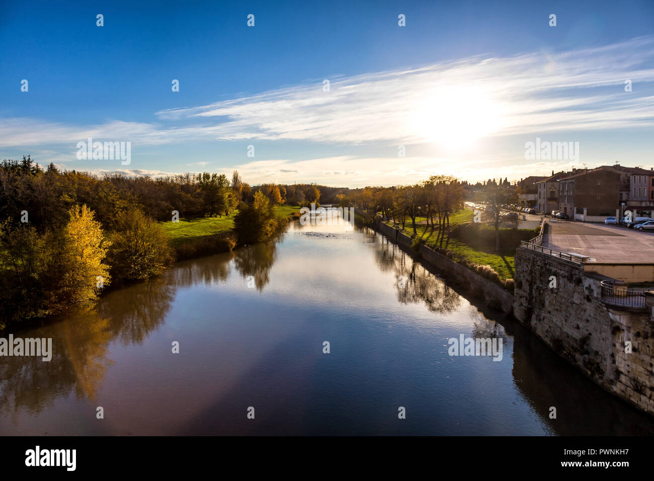 Aude river seen from the new bridge, Carcassonne city, Languedoc ...