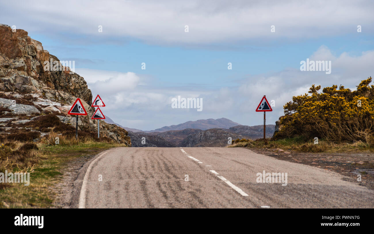 Falling rock, danger sign, Ross and Cromarty, Wester Ross, Sutherland ...