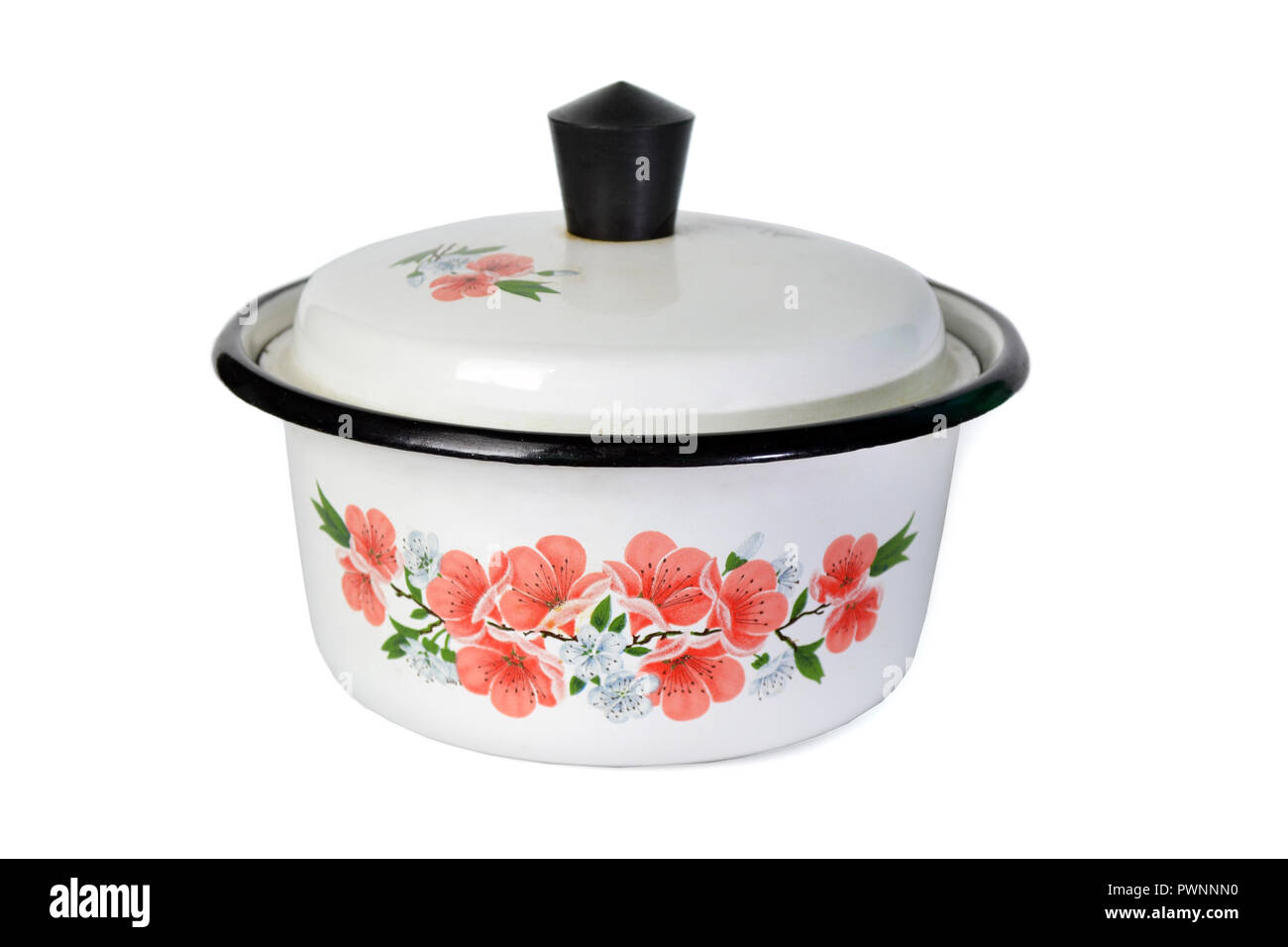 Pan with flower pattern on side white isolated background Stock Photo ...