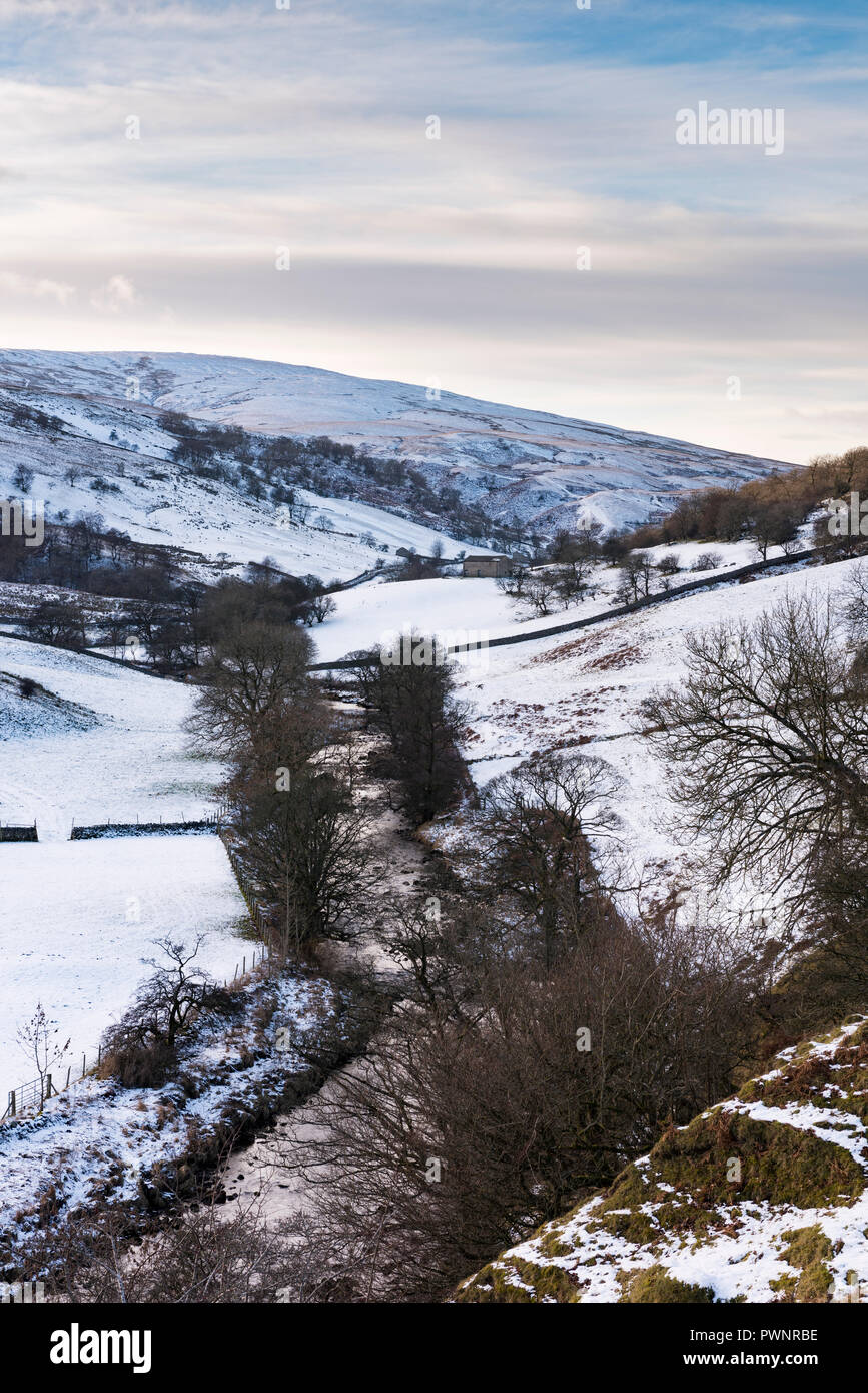 High view of River Wharfe flowing through steep sided Langstrothdale ...