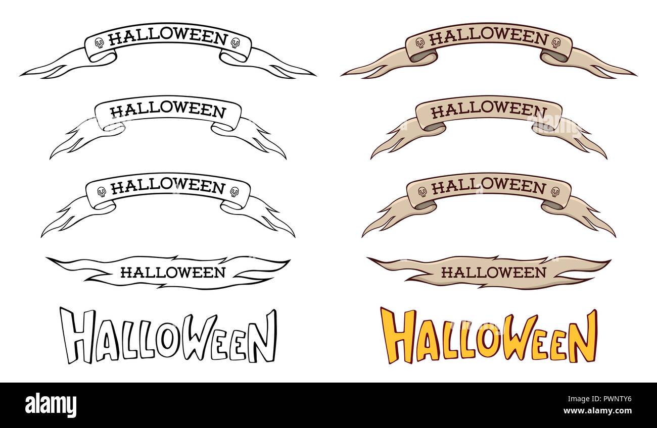 Set of monochrome and color ribbons. Halloween text. Halloween handmade ...