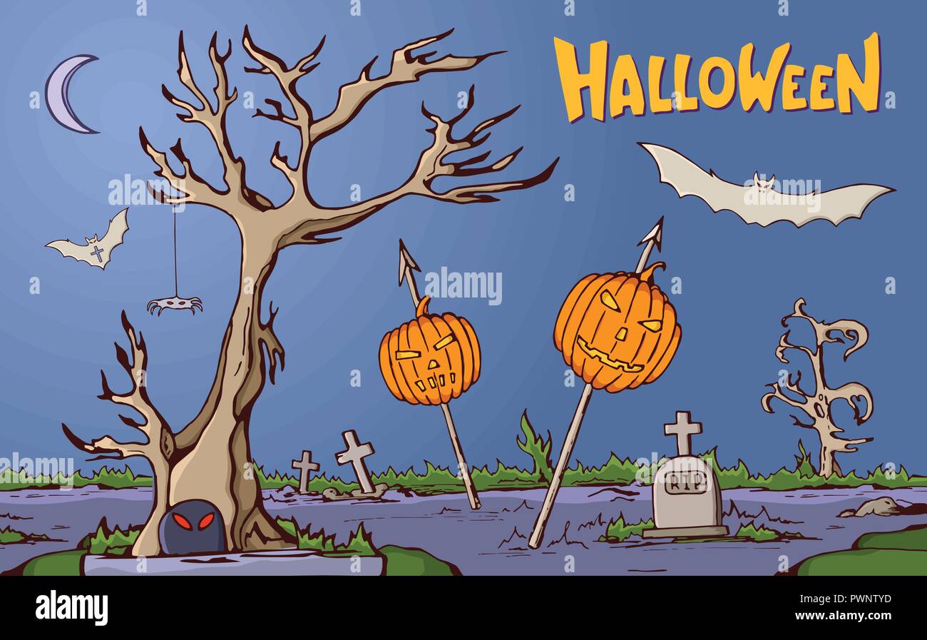 Color cartoon shapes on Halloween theme. Landscape of graveyard with ...