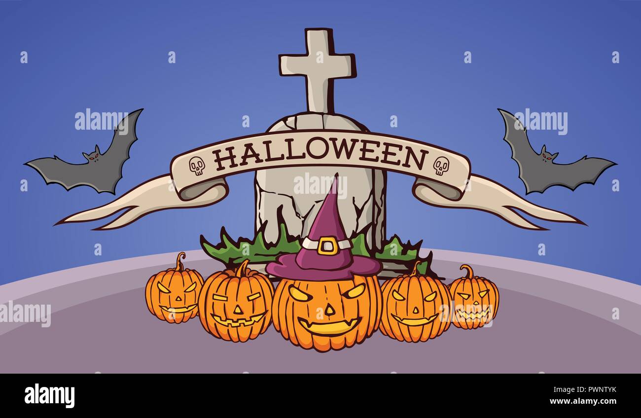 Color cartoon shapes on Halloween theme. Landscape with tomb, cross ...
