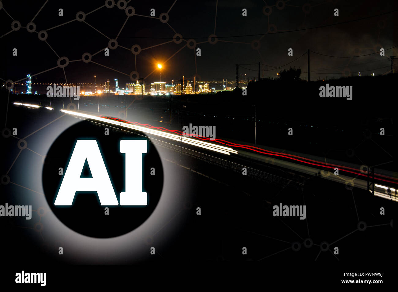 AI or Artificial Intelligence concept with train light trails and ...