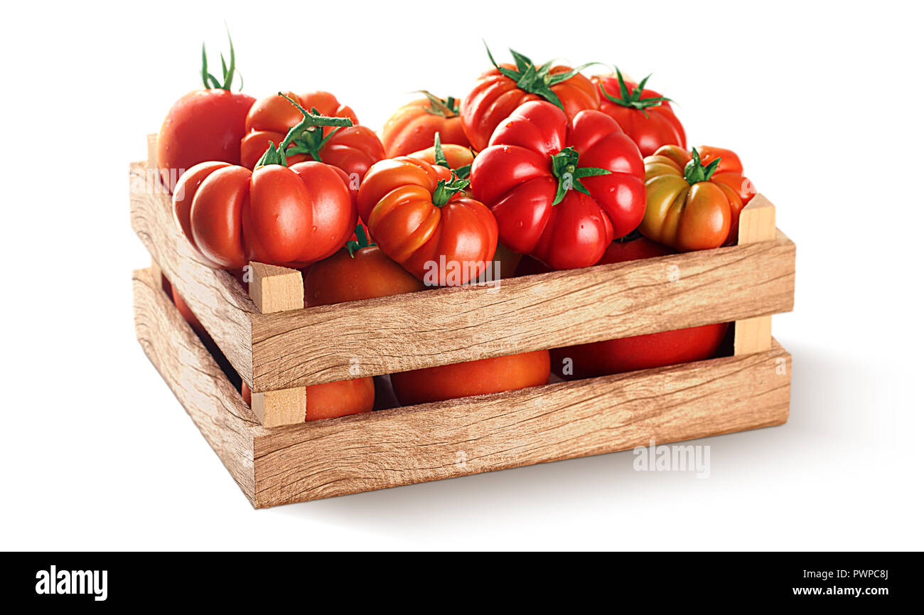 Fresh village tomatoes in wooden case with clipping path Stock Photo ...
