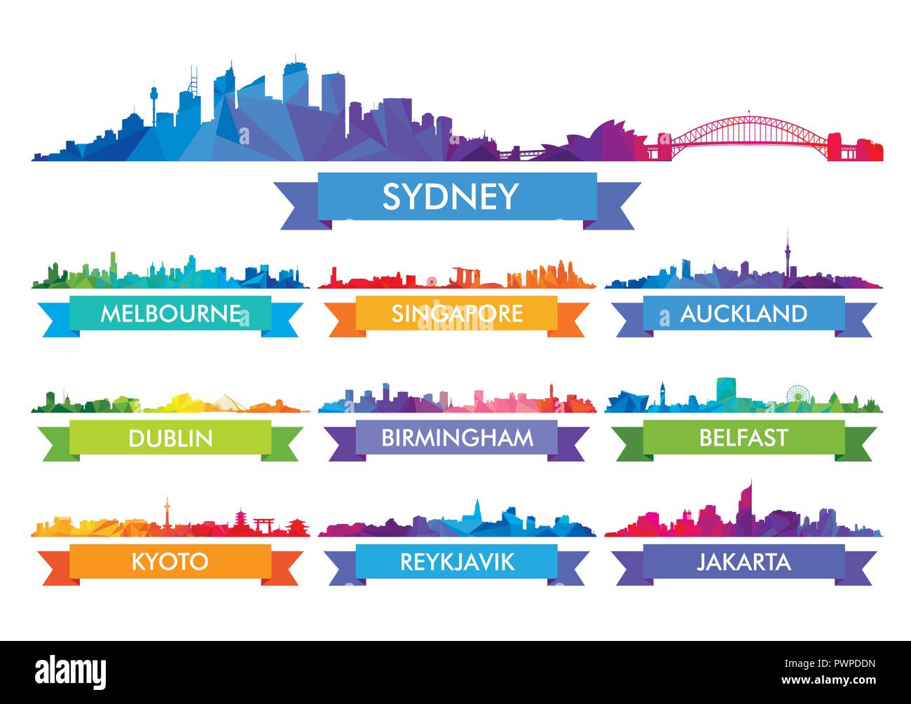 Colorful сity skyline Australia and the Island country big set of ...