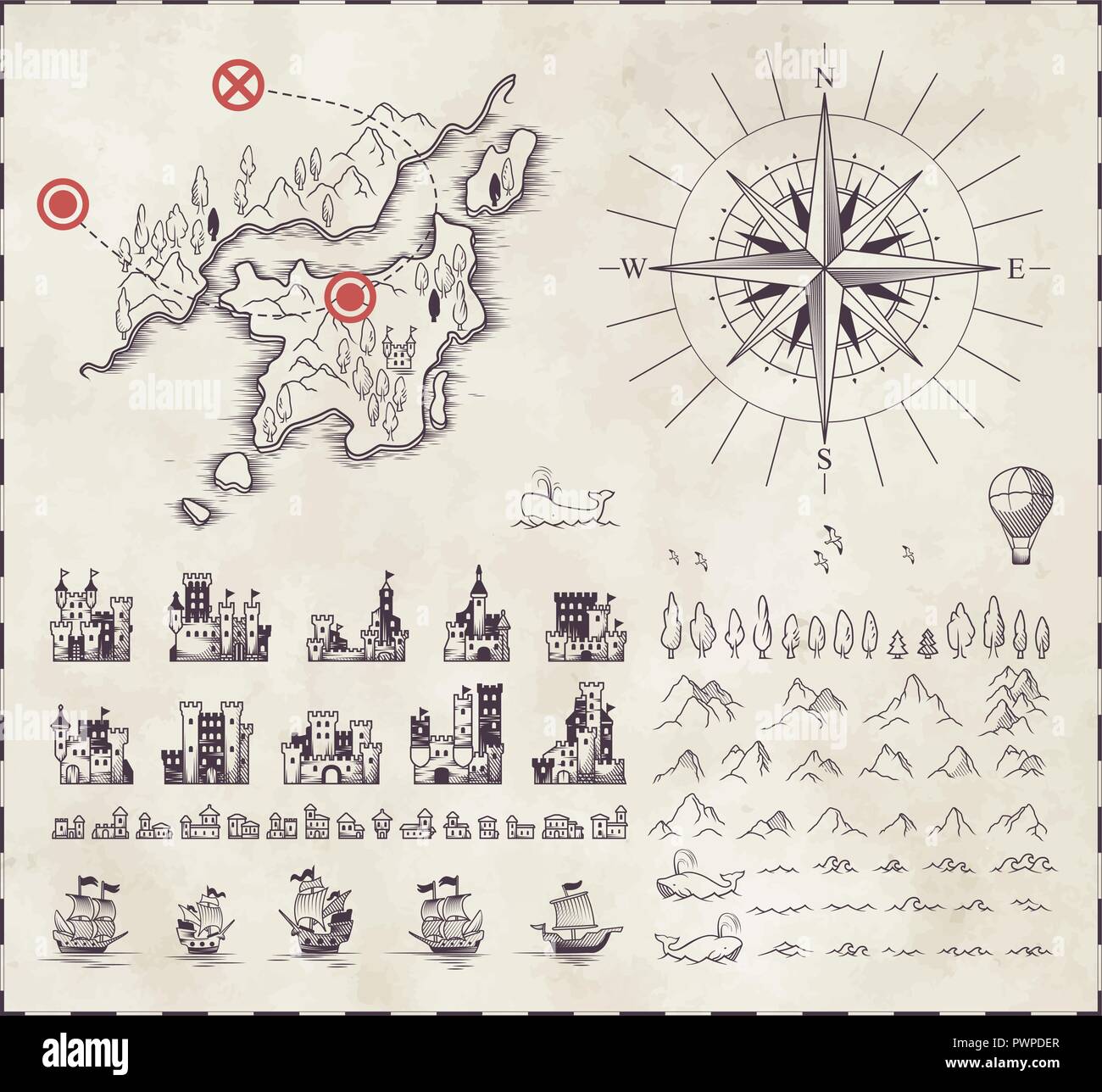 Set in medieval cartography vector elements to create a medieval map ... Set in medieval cartography vector elements to create a medieval map ...