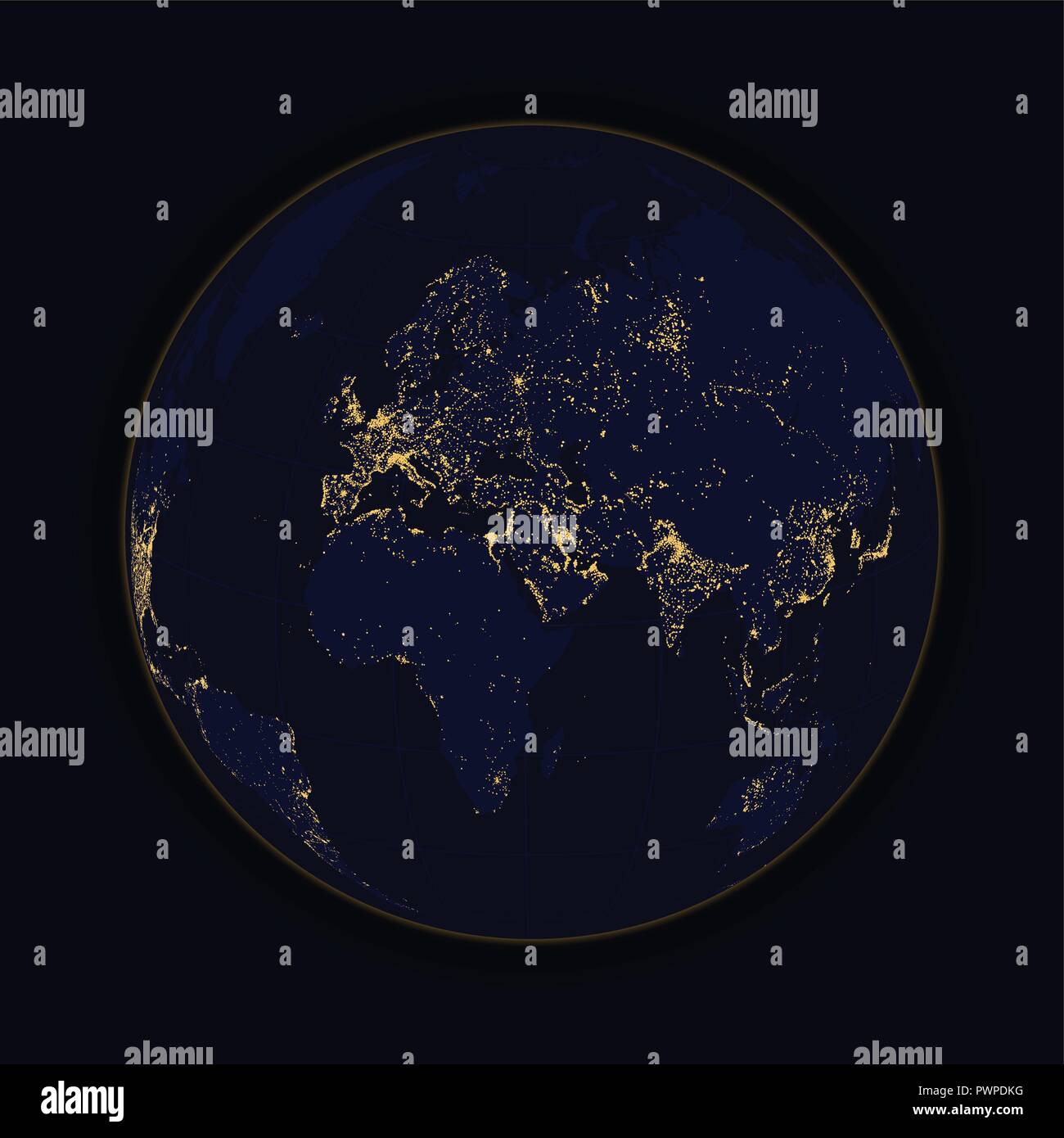 Earth sphere lights of cities Africa, Europe and Asia. Vector template ...