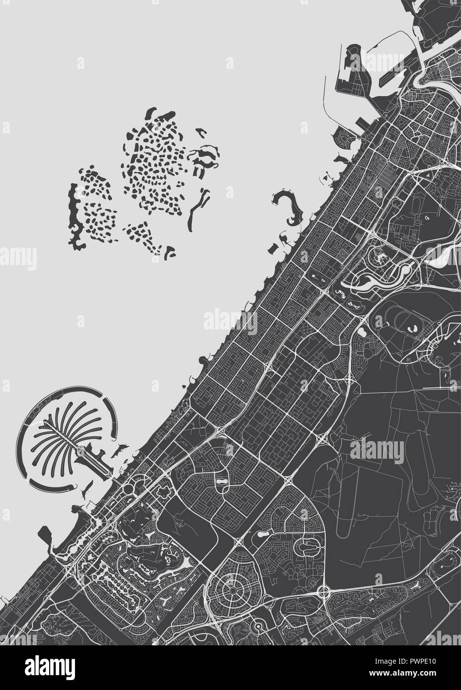 Vector detailed map Dubai detailed plan of the city, rivers and streets ...