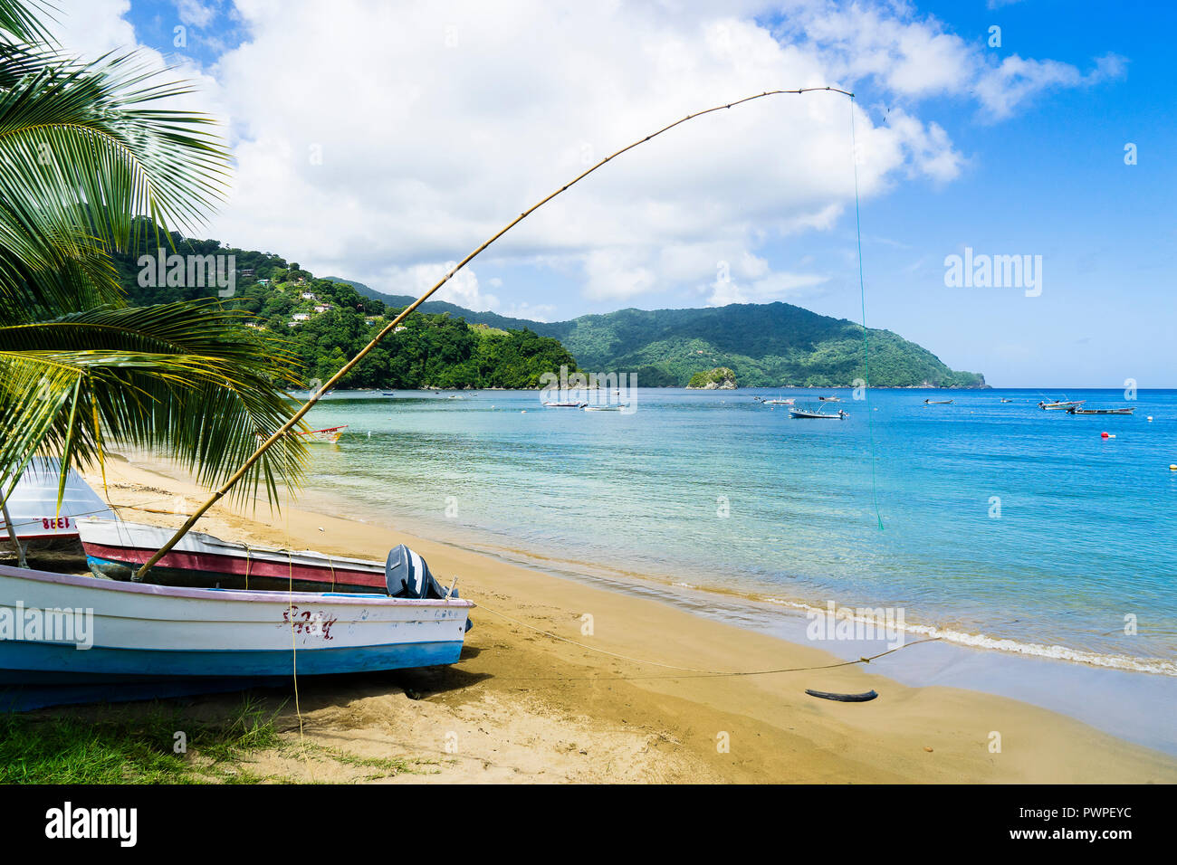 Fishing boat on the beach, man of war bay, Charlotteville, Tobago ...