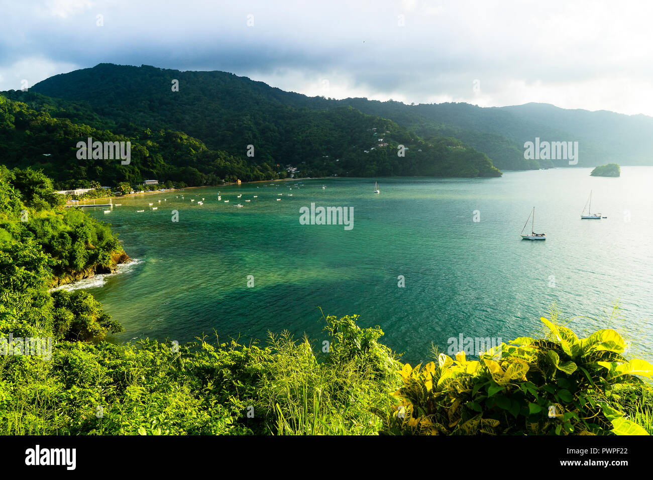 View on Charlotteville's bay and the beach, Charlotteville, Tobago ...