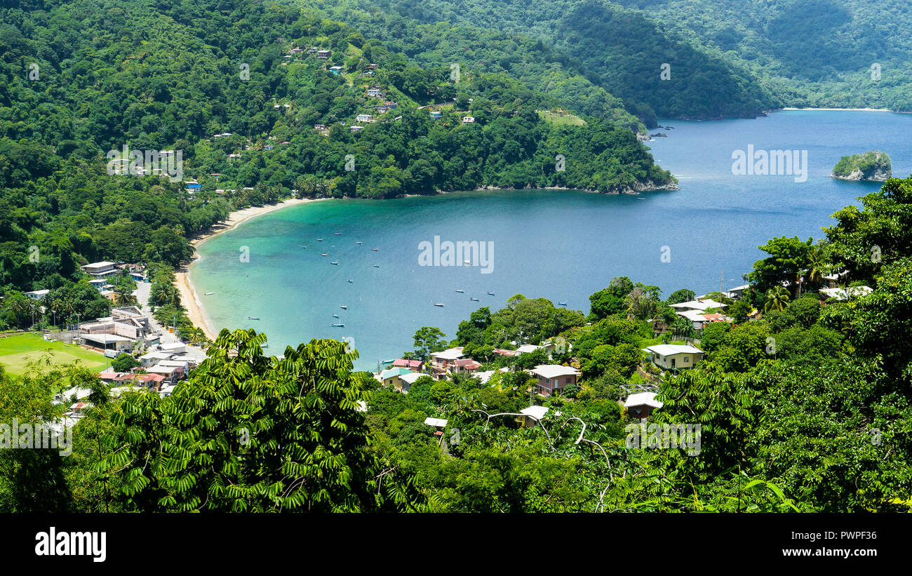 Global view on the man of war bay, Charlotteville, Tobago, Trinidad and ...