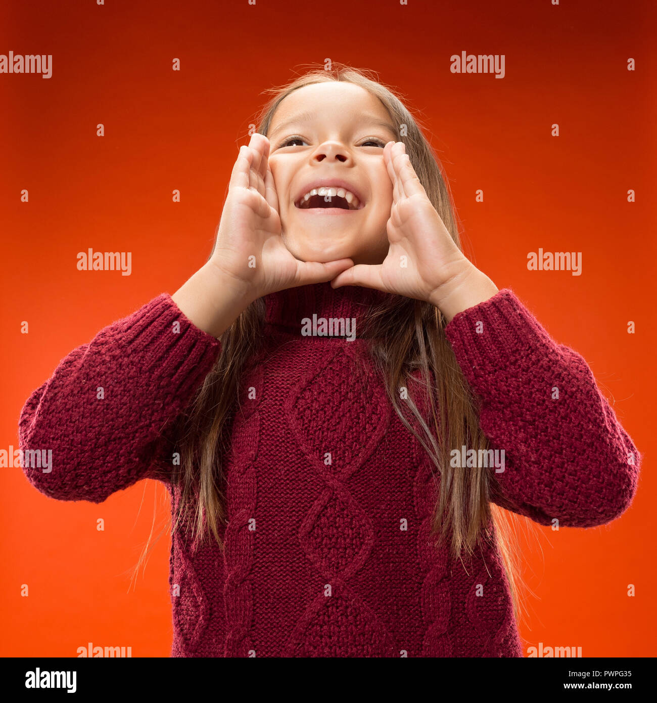 Do not miss. Young casual teen girl shouting. Shout. Crying emotional ...