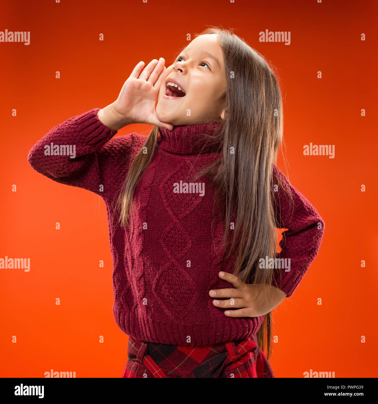 Do not miss. Young casual teen girl shouting. Shout. Crying emotional ...