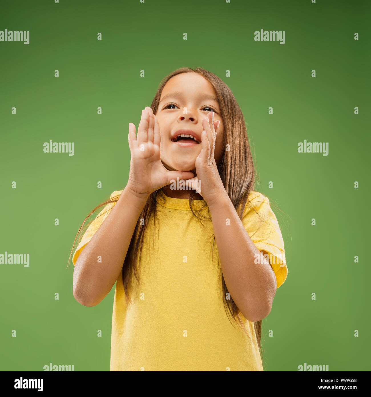 Do not miss. Young casual teen girl shouting. Shout. Crying emotional ...