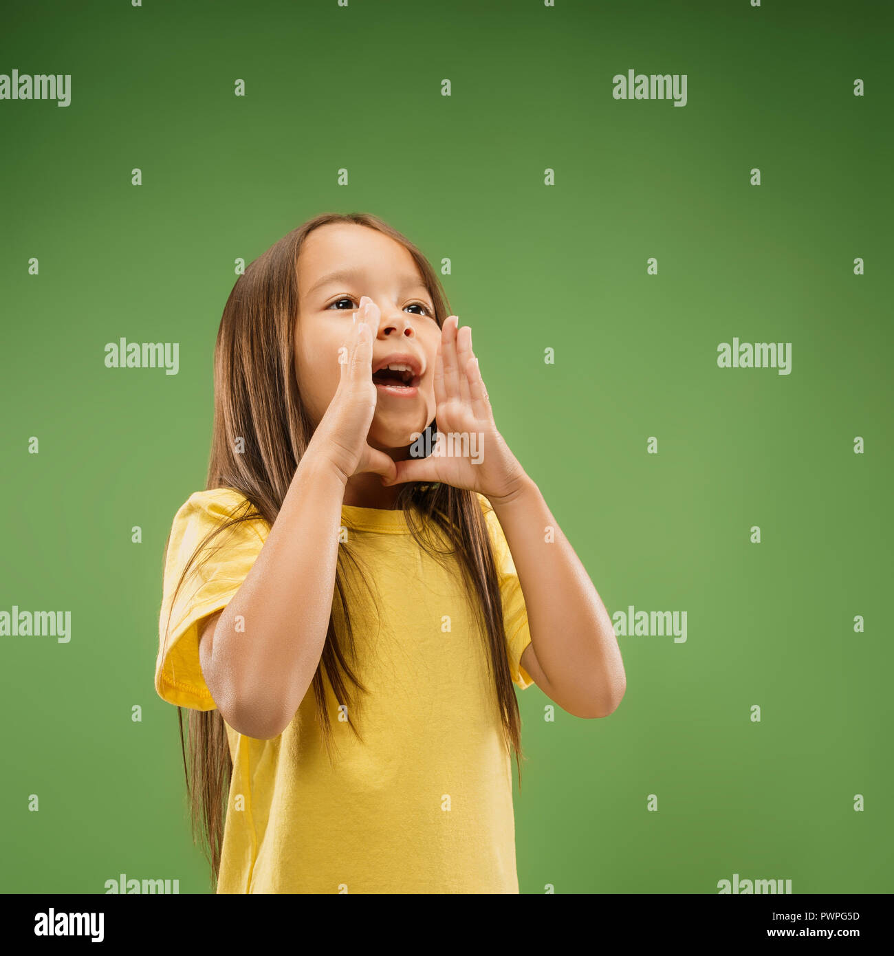 Do not miss. Young casual teen girl shouting. Shout. Crying emotional ...