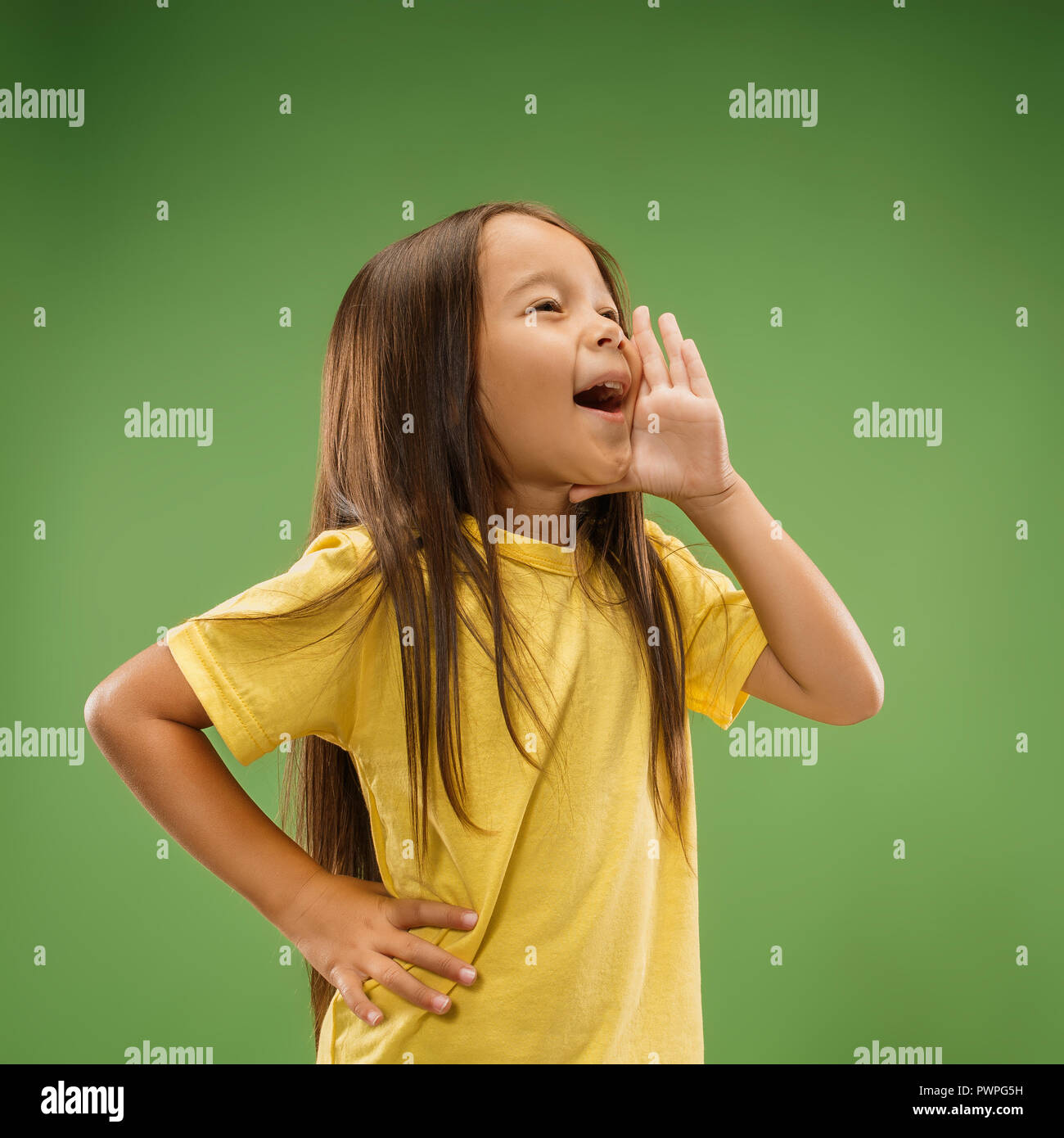 Do not miss. Young casual teen girl shouting. Shout. Crying emotional ...