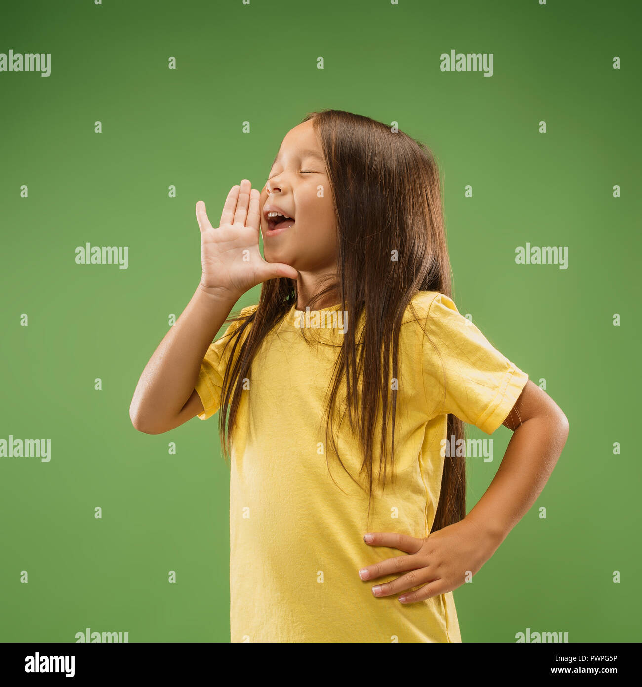 Do not miss. Young casual teen girl shouting. Shout. Crying emotional ...